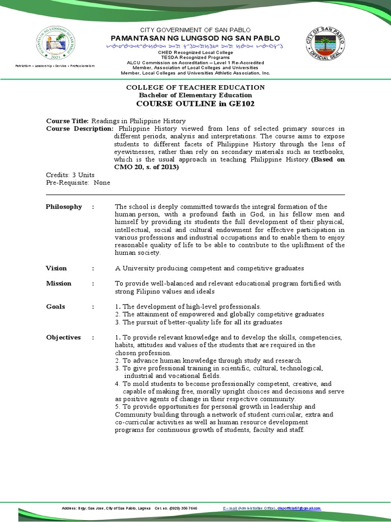 History Course Syllabus 2022 Katigbak | PDF | Philippines | Learning