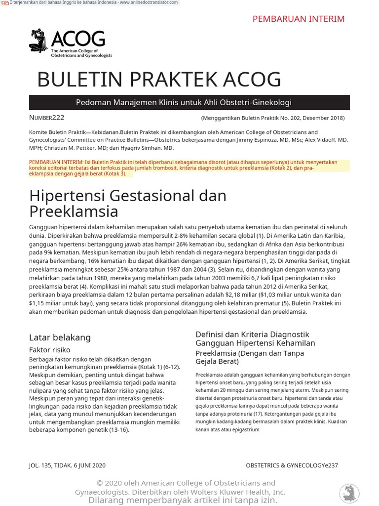 Gestational Hypertension and Preeclampsia ACOG Practice Bulletin ...