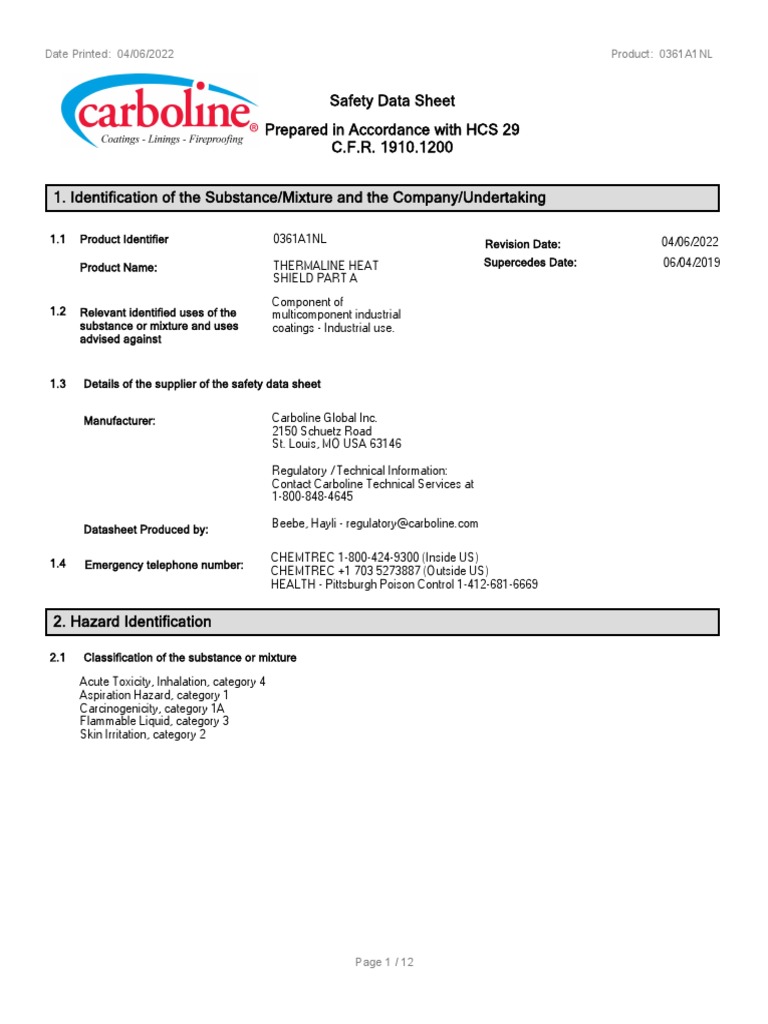 Thermaline Heat Shield Part A | PDF | Firefighting | Toxicity