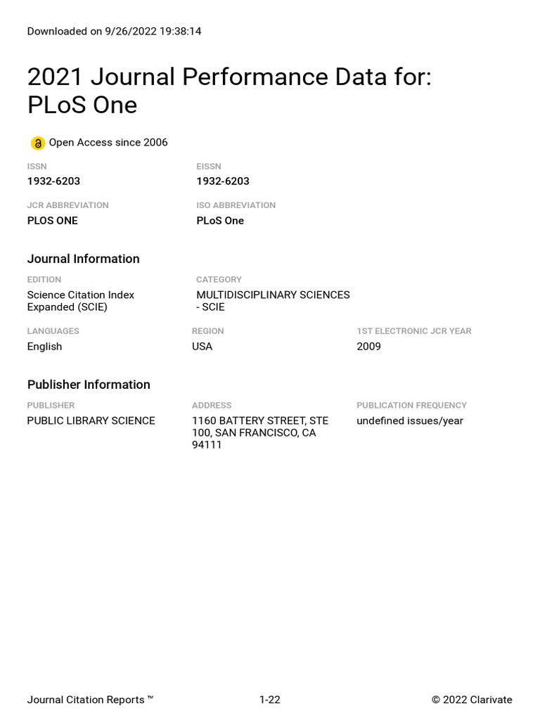 JCR - Plos One - 2021 | PDF | Academic Journal | Citation