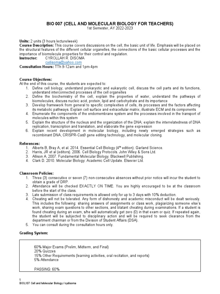 BIO 007: Cell and Molecular Biology Syllabus | PDF | Cell (Biology ...