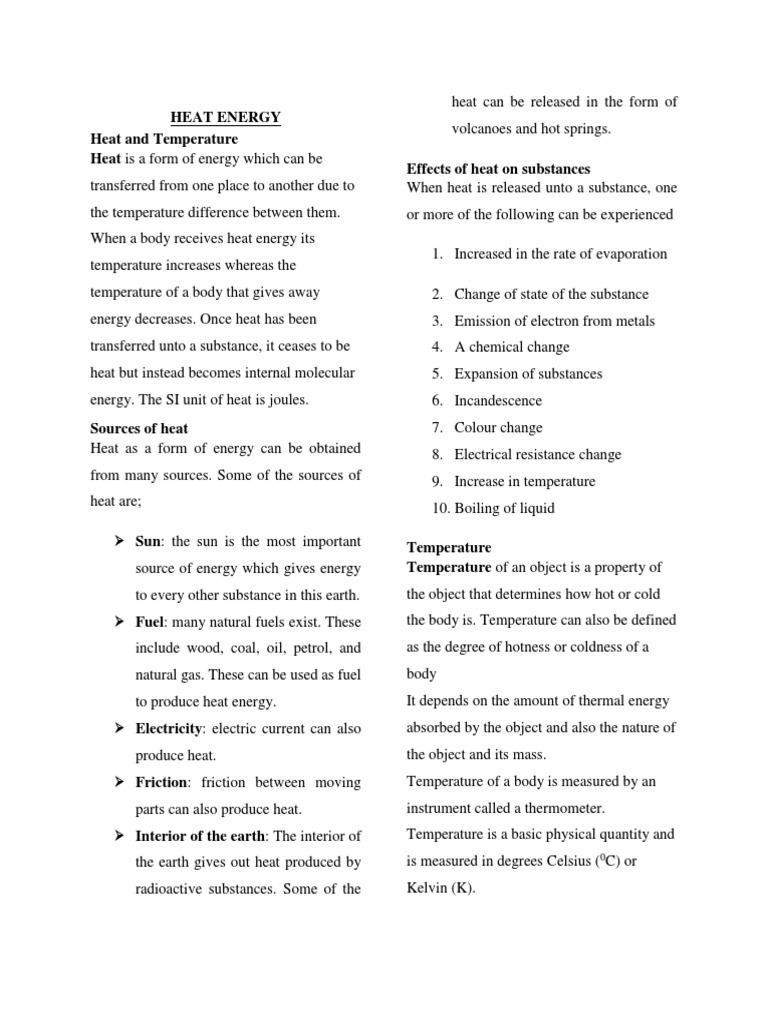 Heat Energy Notes | PDF | Temperature | Thermometer