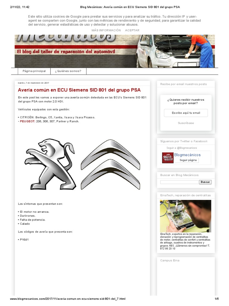 Blog Mecánicos - Avería Común en ECU Siemens SID 801 Del Grupo PSA | PDF