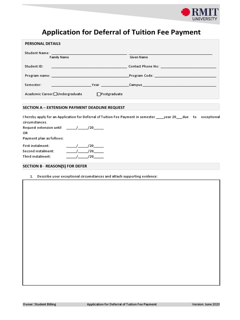 2020 Application For Deferral of Tuition Fee Payment | PDF