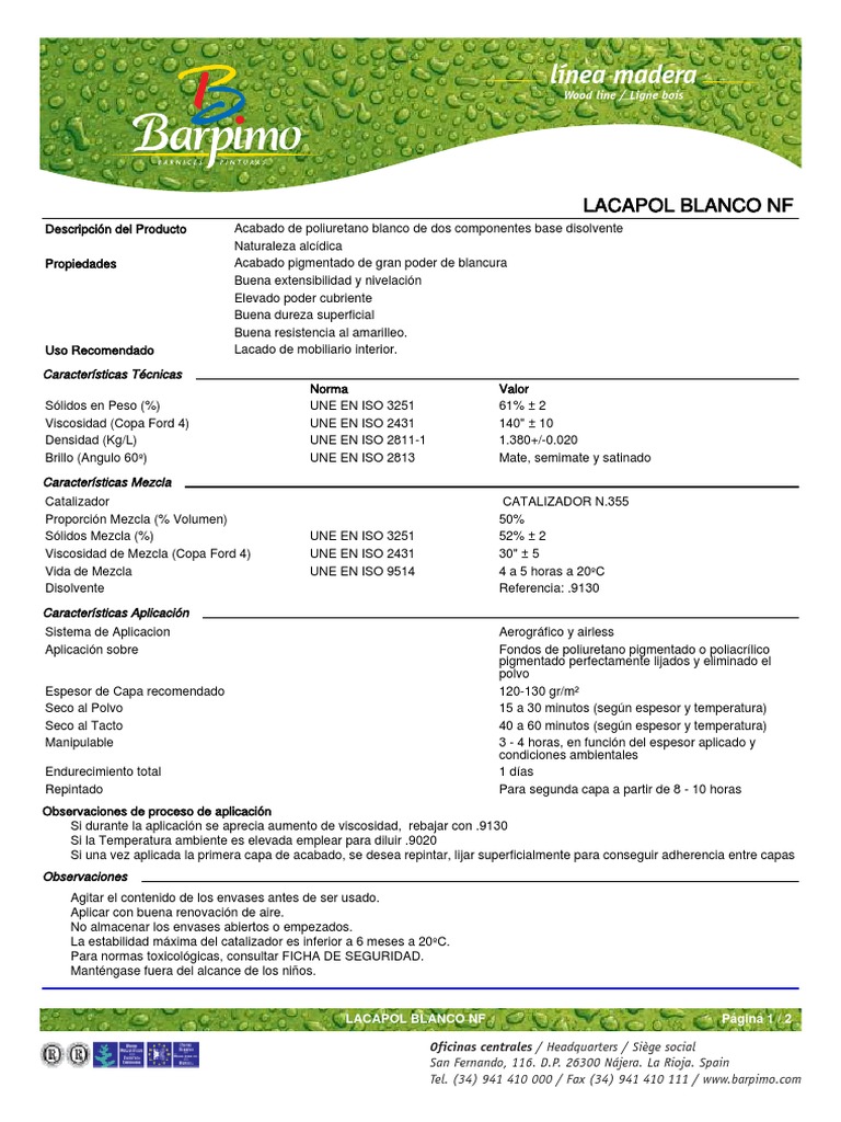 Línea Madera: Lacapol Blanco NF | PDF | Química | Materiales