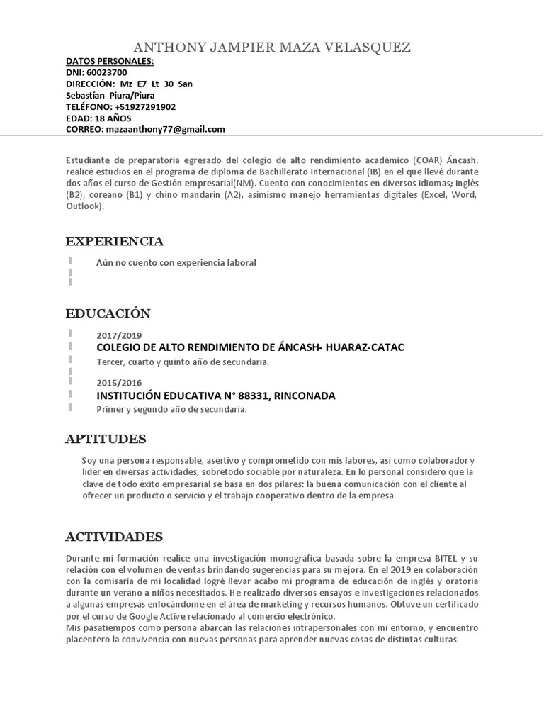 Anthony Jampier Maza Velasquez-Curriculum Vitae | PDF | Liderazgo | Motivación