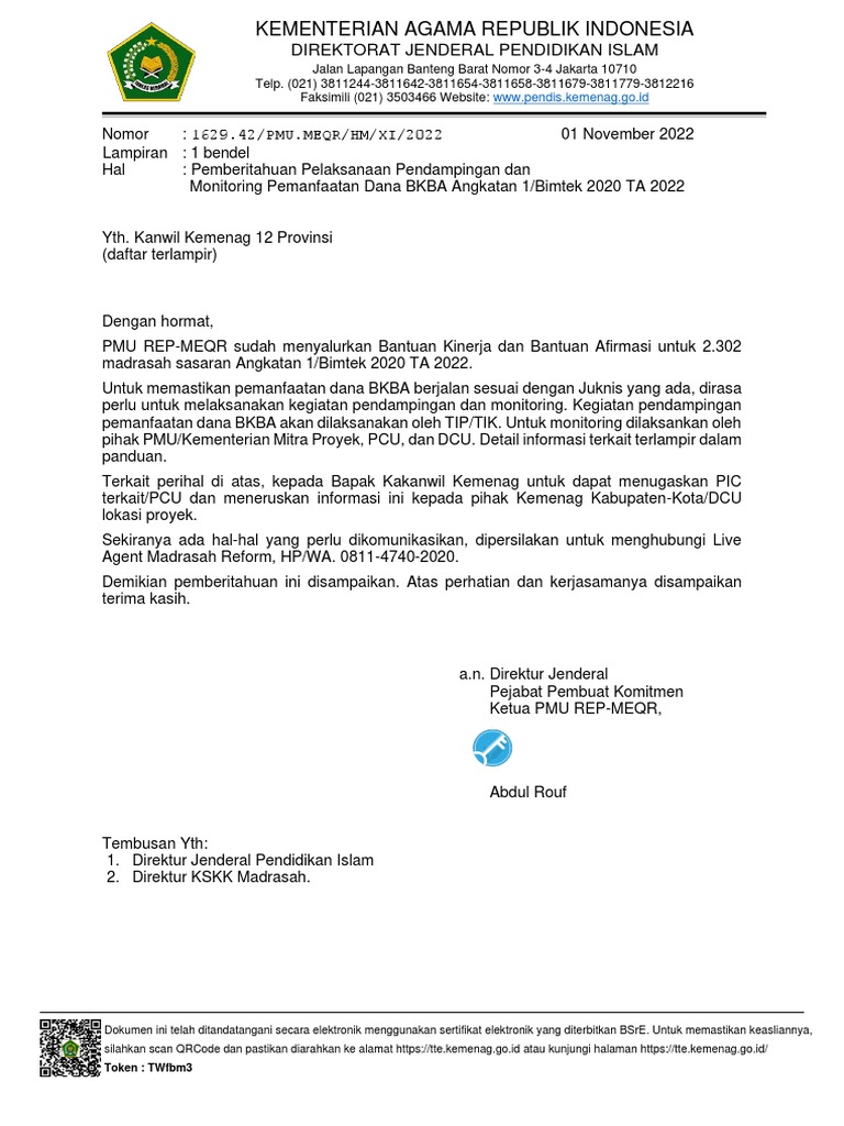 Surat Pemberitahuan Pelaksanaan Pendampingan Dan Monitoring - TTE | PDF