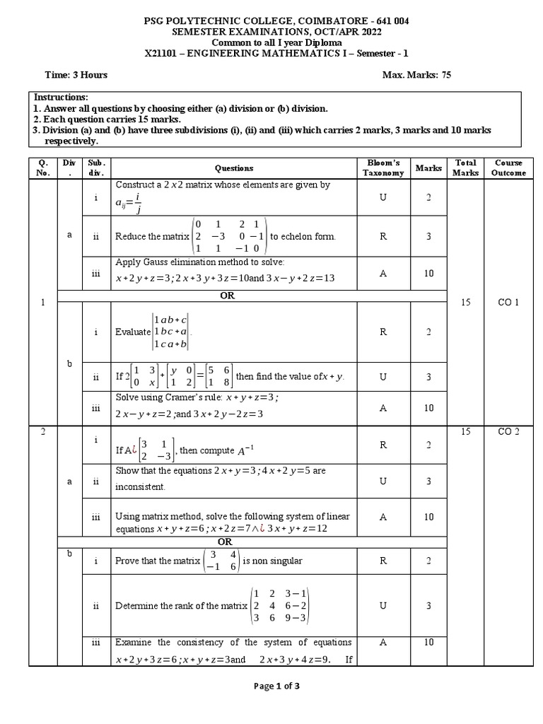 X21101 - ENGINEERING MATHEMATICS I Model QP 12.04.22 | PDF | Triangle ...