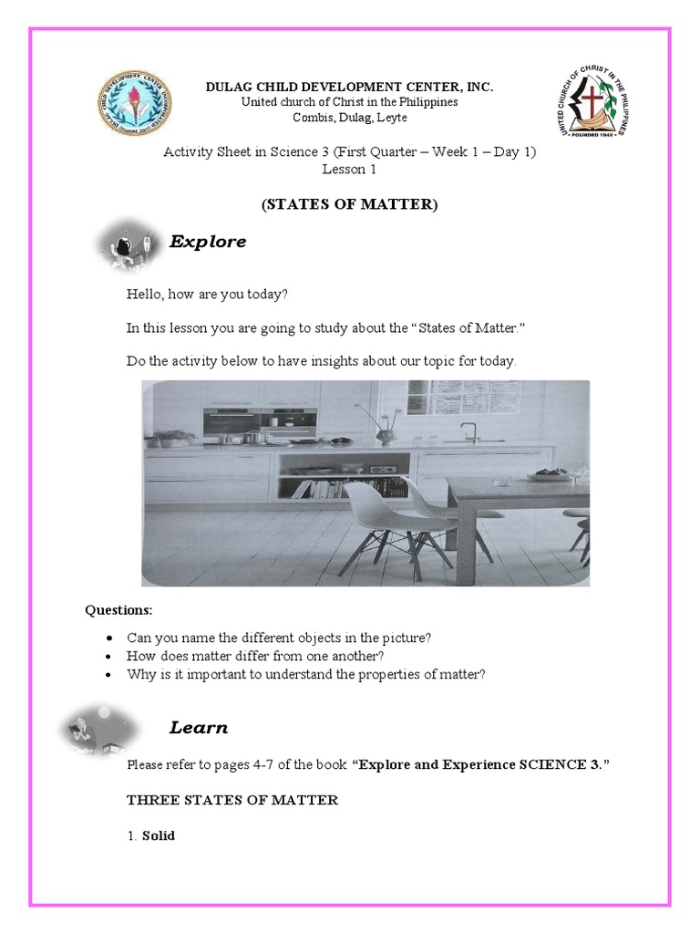 activity sheet in Science 3 week 1 | PDF | Matter | Gases
