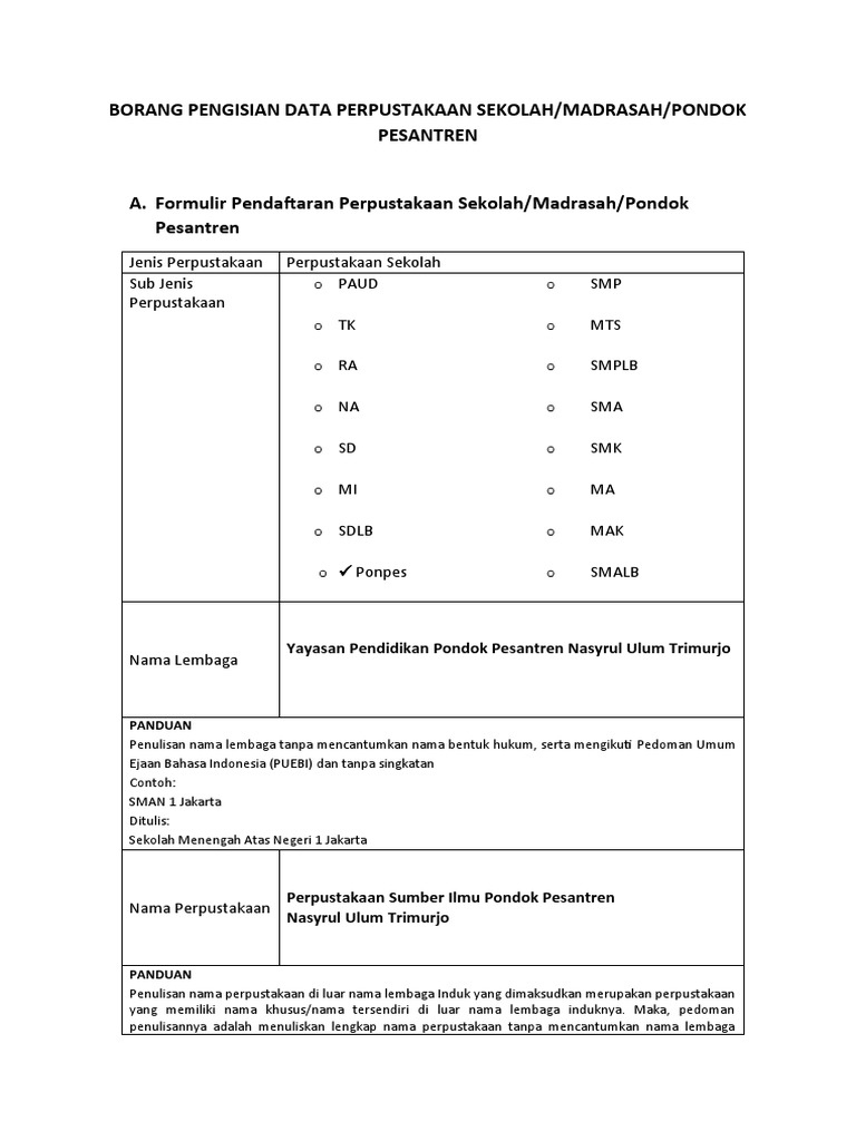 Borang Pengisian Data Perpustakaan Sekolah 2023 | PDF