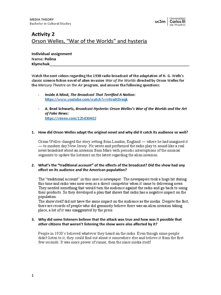 Activity 2 - War of The Worlds (Questions) | PDF | Mass Media ...