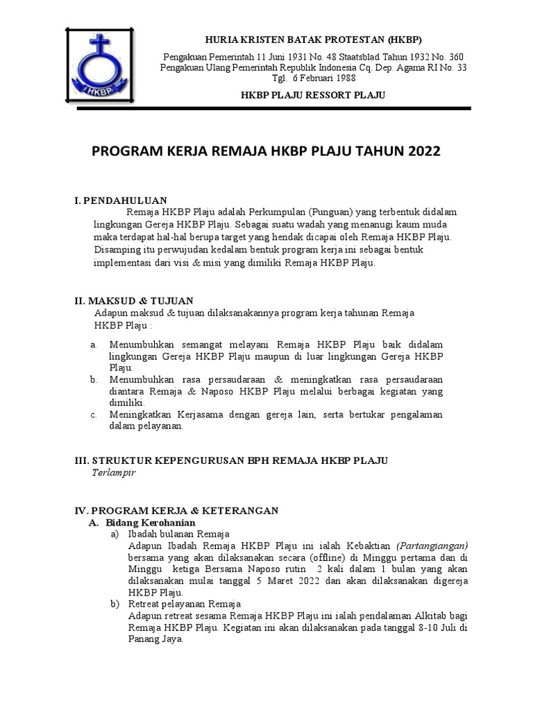 Program Kerja Remaja HKBP Plaju Tahun 2022 | PDF