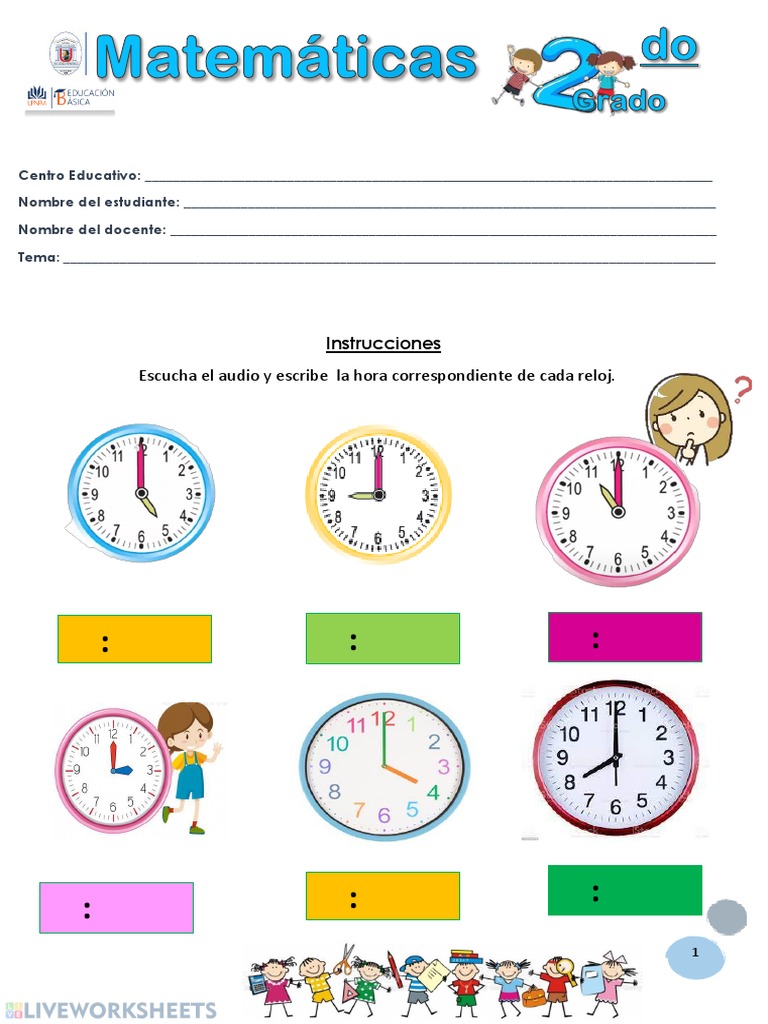 Escucha El Audio y Escribe La Hora Correspondiente de Cada Reloj | PDF