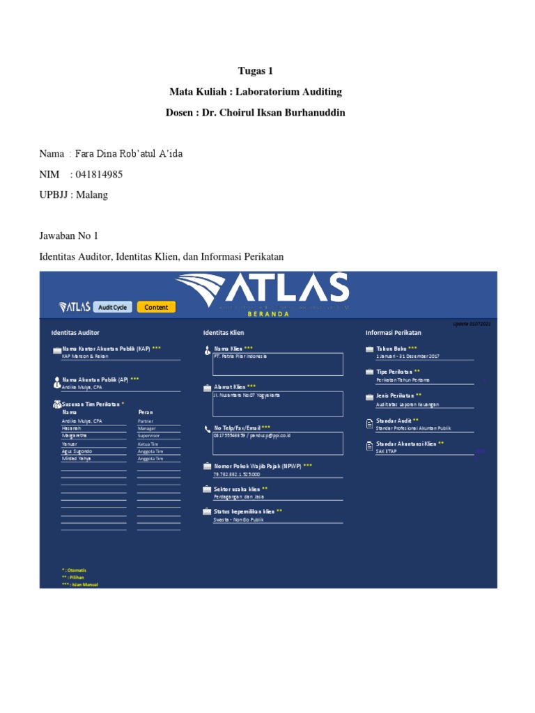Tugas 1 Labolatorium Audit - Fara Dina R. A (041814985) | PDF