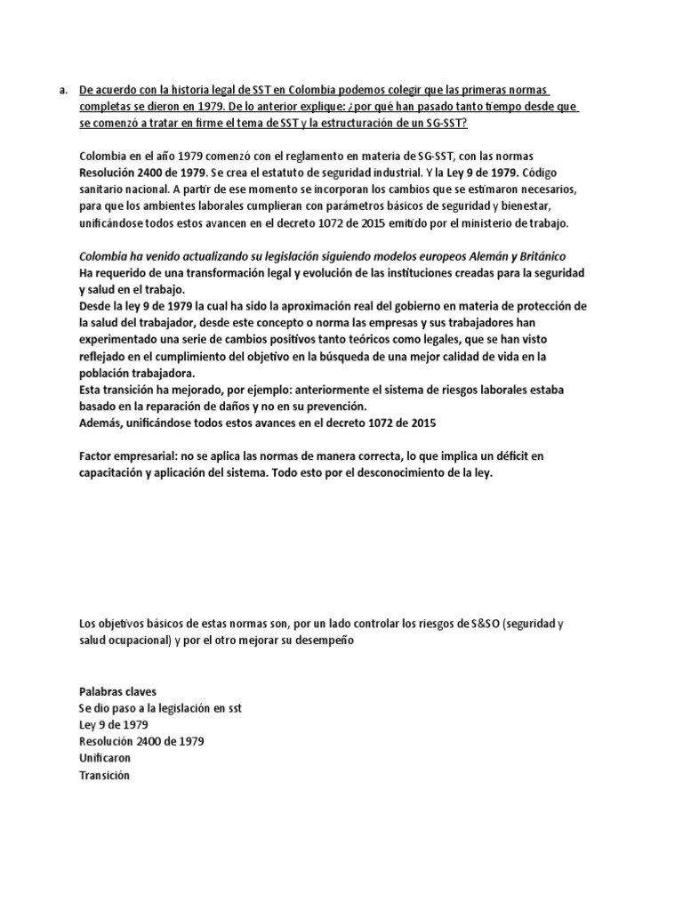 De Acuerdo Con La Historia Legal de SST en Colombia Podemos Colegir Que ...