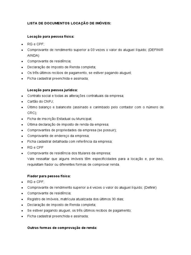 Lista de Documentos Locação de Imóveis | PDF | Imposto de Renda | Contador