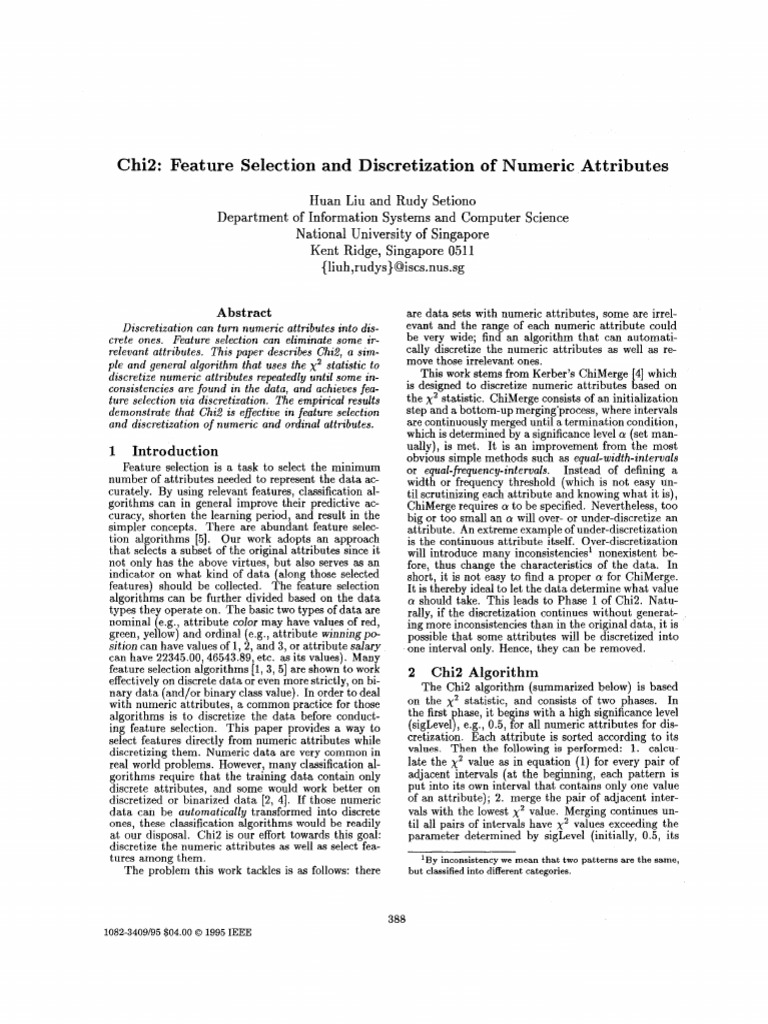 Chi2 An Effective Algorithm For Feature Selection Discretization Of