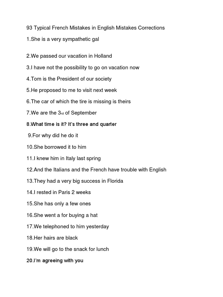 93 Typical French Mistakes in English Mistakes | PDF