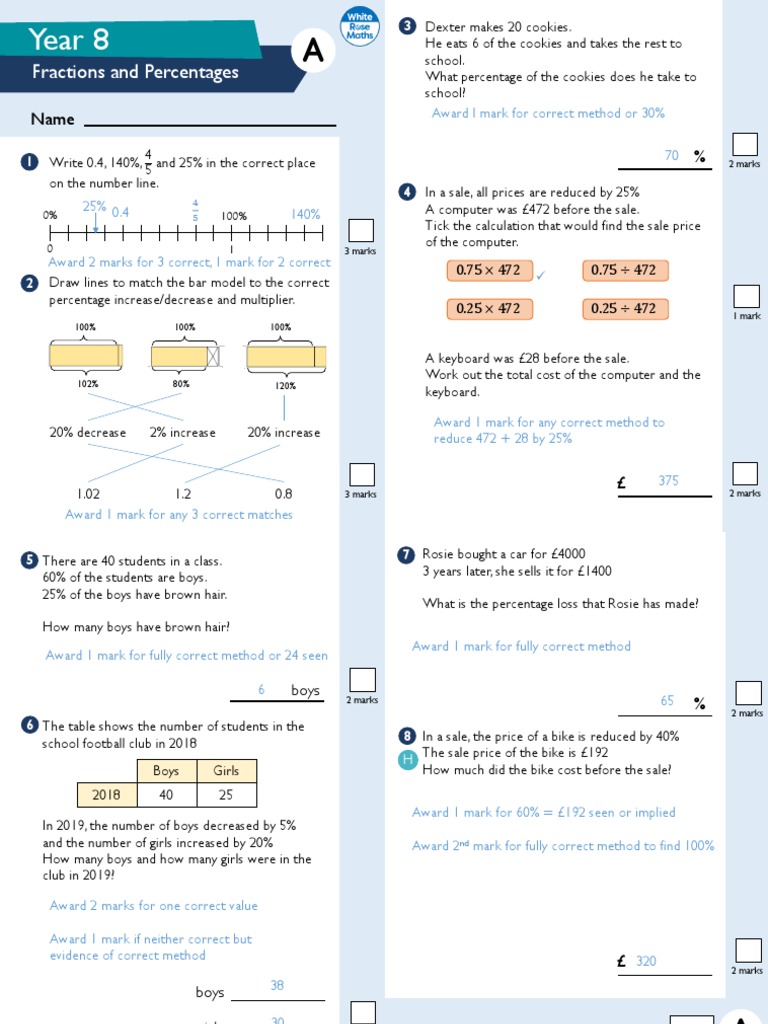 Fractions Percentages Assessment Answers | PDF | Percentage