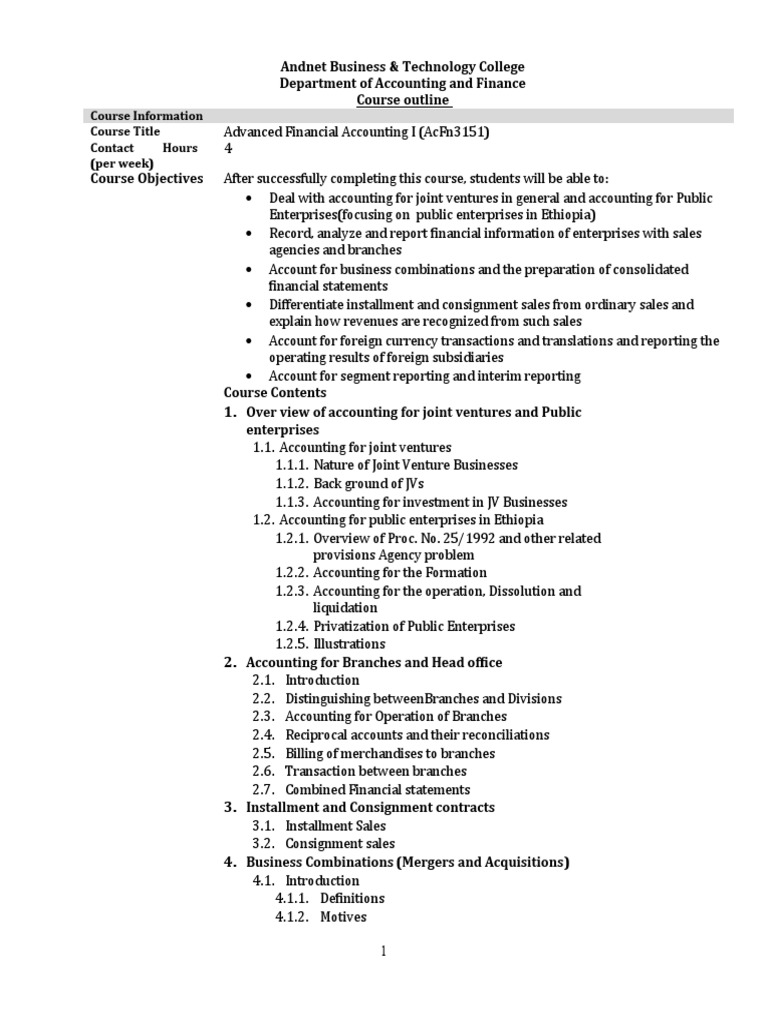 Advanced Financial Accounting Course Outline | PDF | Joint Venture ...