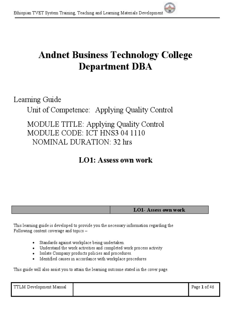 Apply Quality Control TTLM Final | PDF | Strategic Management | Iso 9000