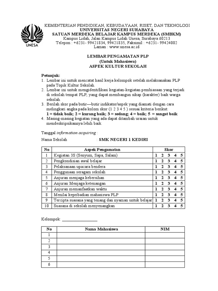 Lembar Pengamatan PLP Sekolah Kediri | PDF