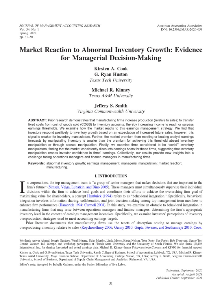 Market Reaction To Abnormal Inventory Growth Evidence For Managerial ...