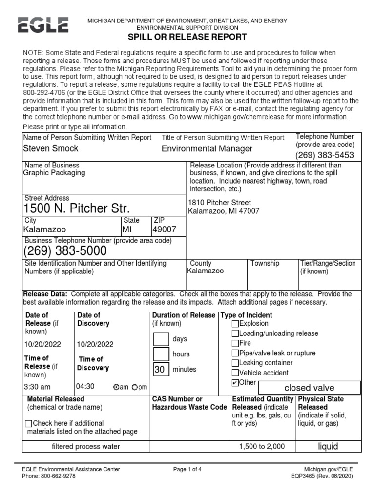 Graphic Packaging Spill or Release Report To EGLE | PDF | Sewage ...