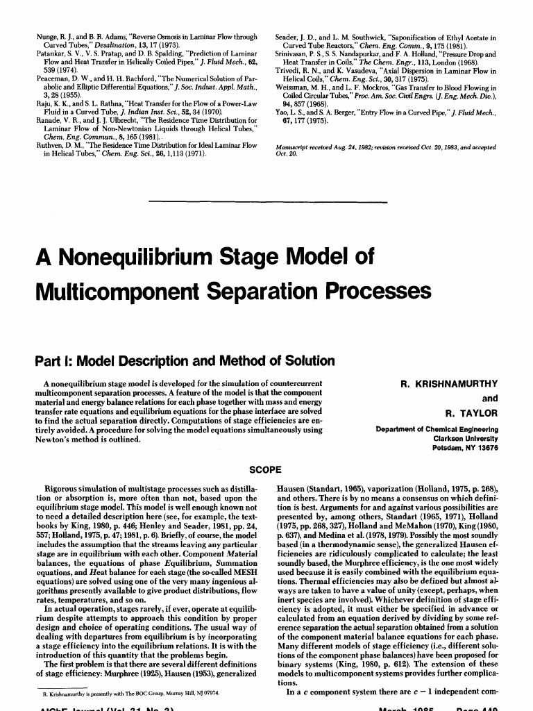 A Non Equilibrium Stage Model of Multi Component Separation Process ...