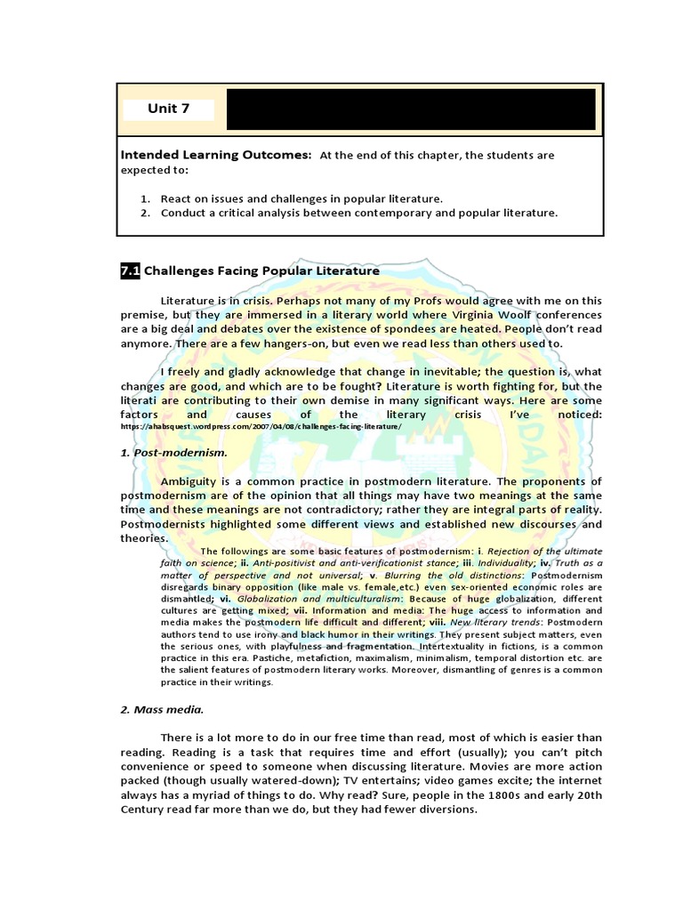 Challenges Facing Popular Literature: Post-Modernism, Mass Media ...