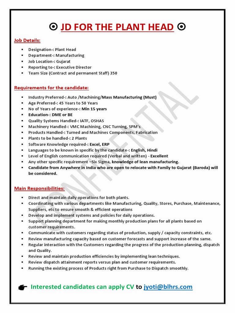 JD For Plant Head | PDF