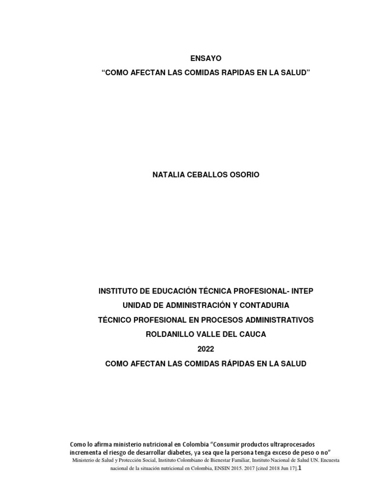 Ensayo - Normas Apa Como Afectan Las Comidas Rapidas en La Salud PDF ...