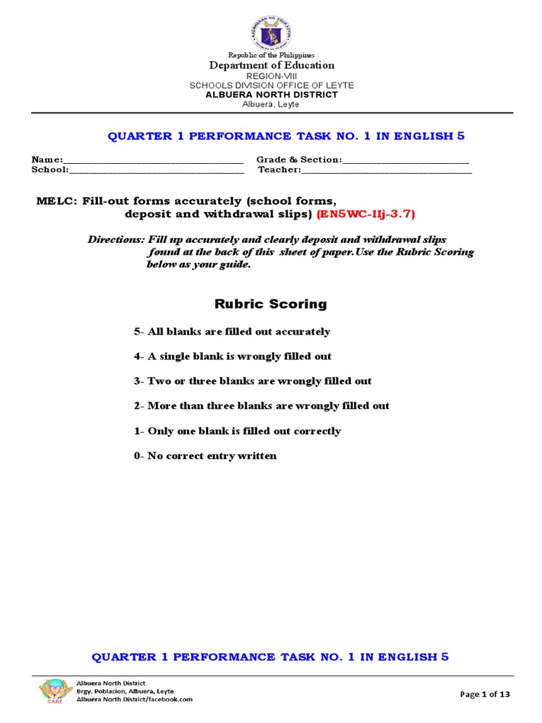 GR 5 Performance Task 1 Quarter 1 | PDF | Philippines