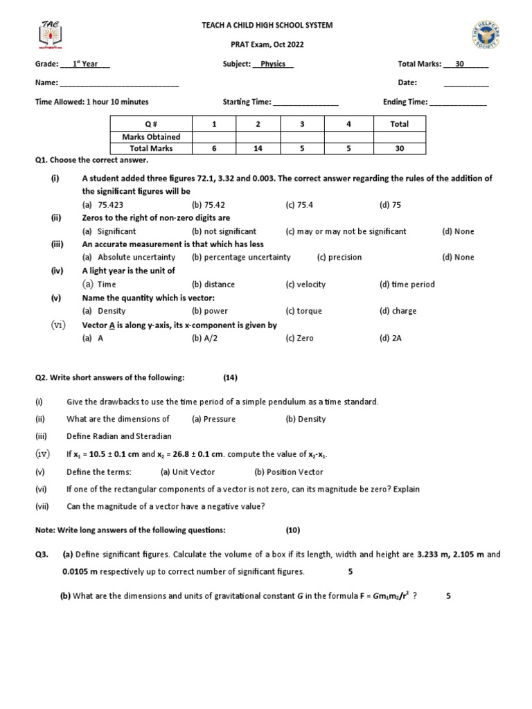 Physics Paper First Year Prat 2022 | PDF | Significant Figures ...