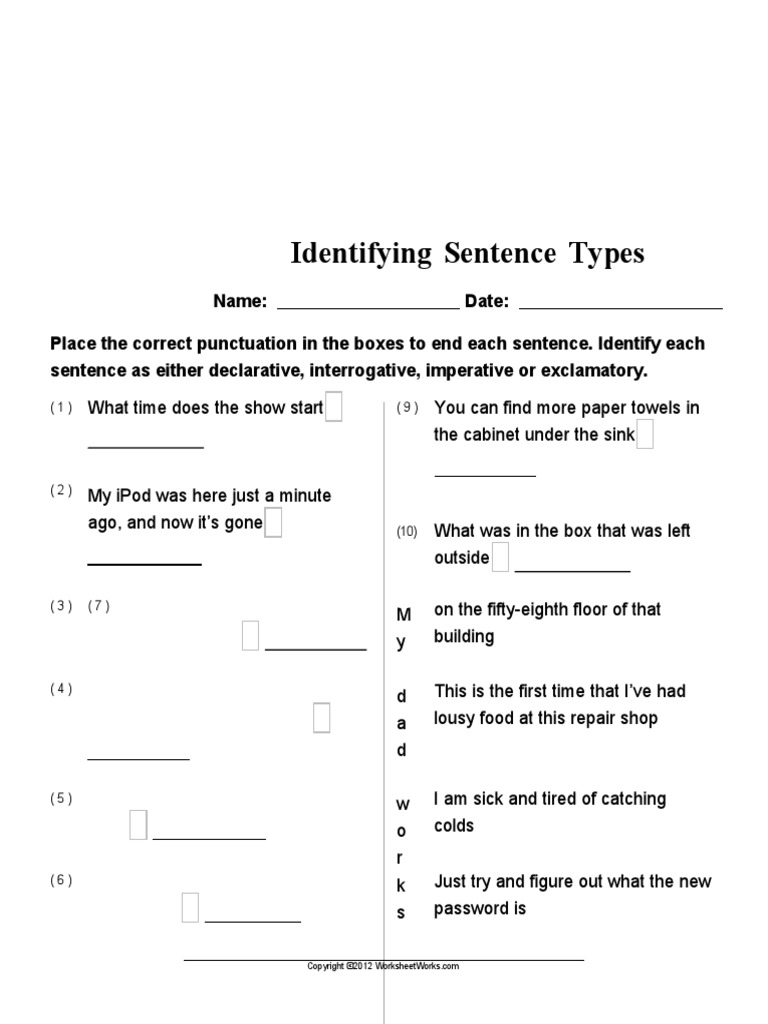 WorksheetWorks Identifying Sentence Types 1 1 PDF | PDF