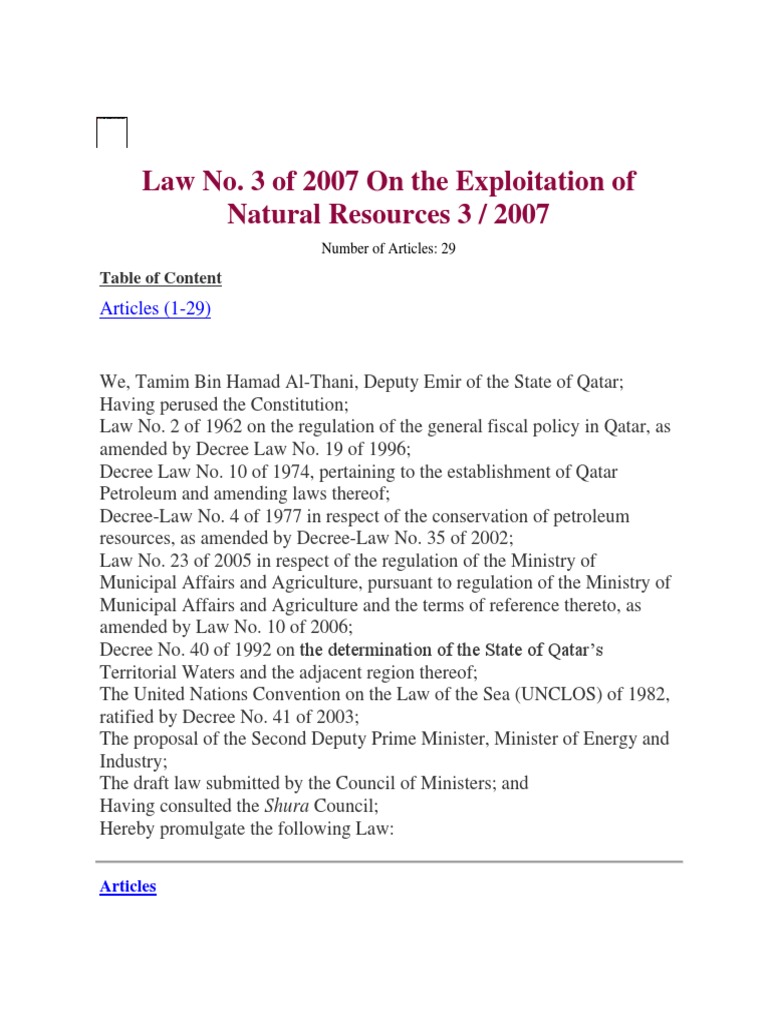 Qatar Law 3 of 2007 | PDF | Mineral Rights | License