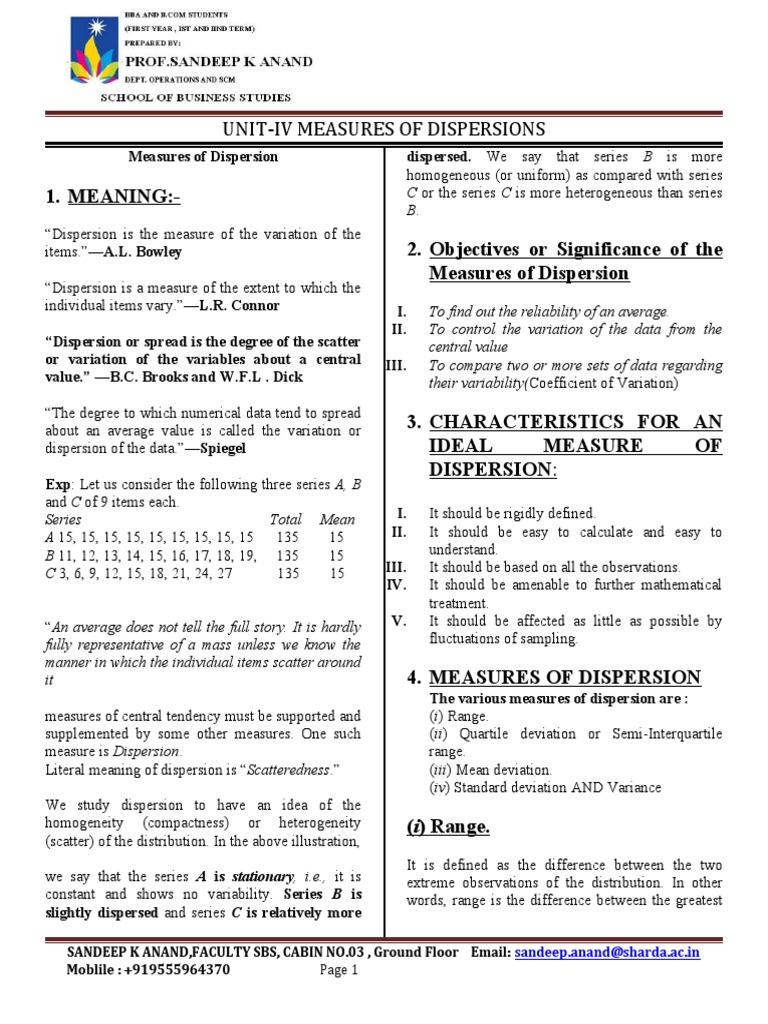 UNIT-IV Measures - of - Dispersion | PDF