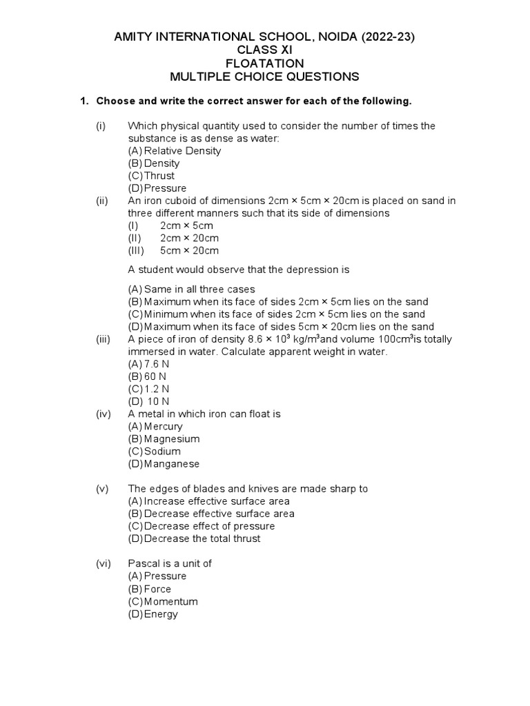 Floatation Worksheet | PDF | Density | Pressure