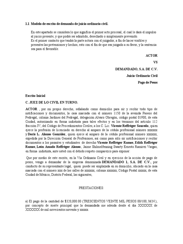 Modelo de Escrito de Demanda en Juicio Ordinario Civil | PDF | Cheque ...