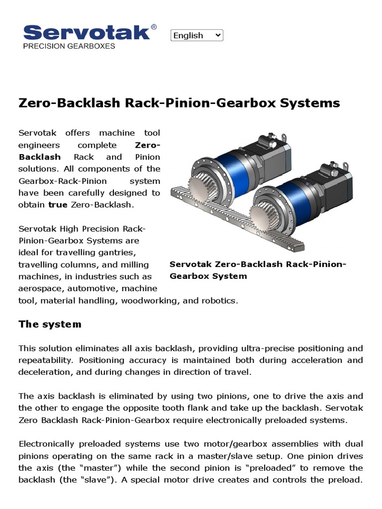 Zero-Backlash Rack-Pinion Gearbox Systems | PDF | Gear | Equipment