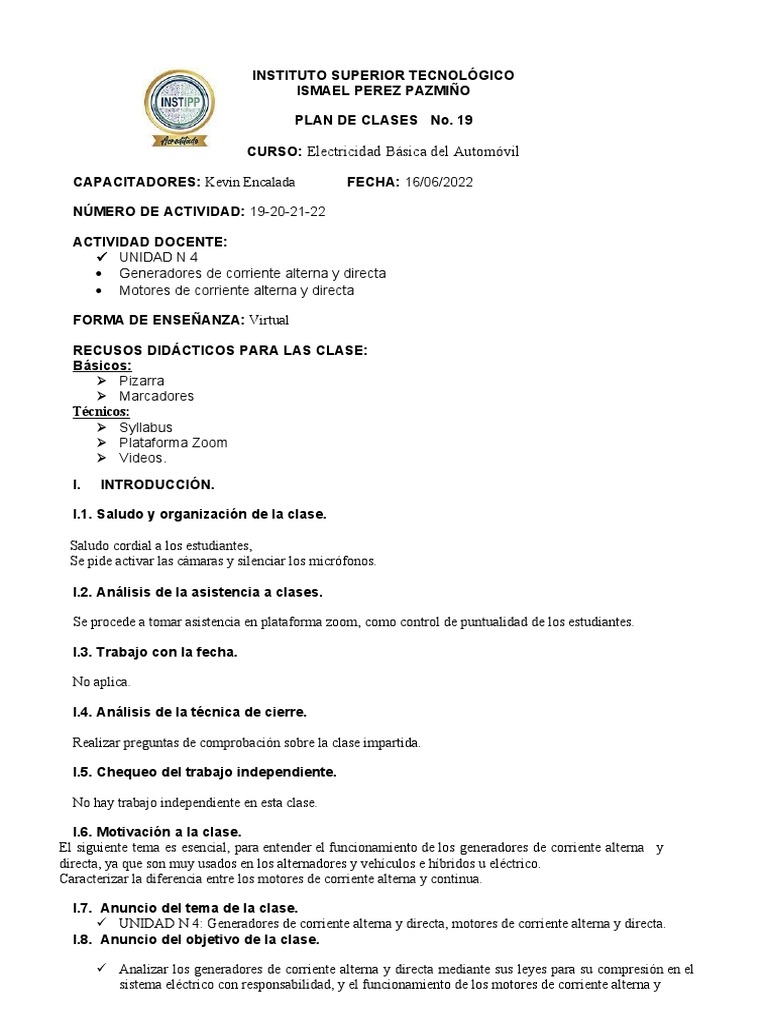 Plan de Clase 19 - Curso 1 | PDF | Corriente eléctrica | Motor eléctrico