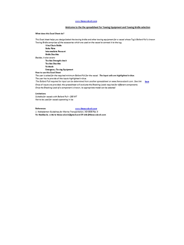 Welcome To The The Spreadsheet For Towing Equipment and Towing Bridle ...