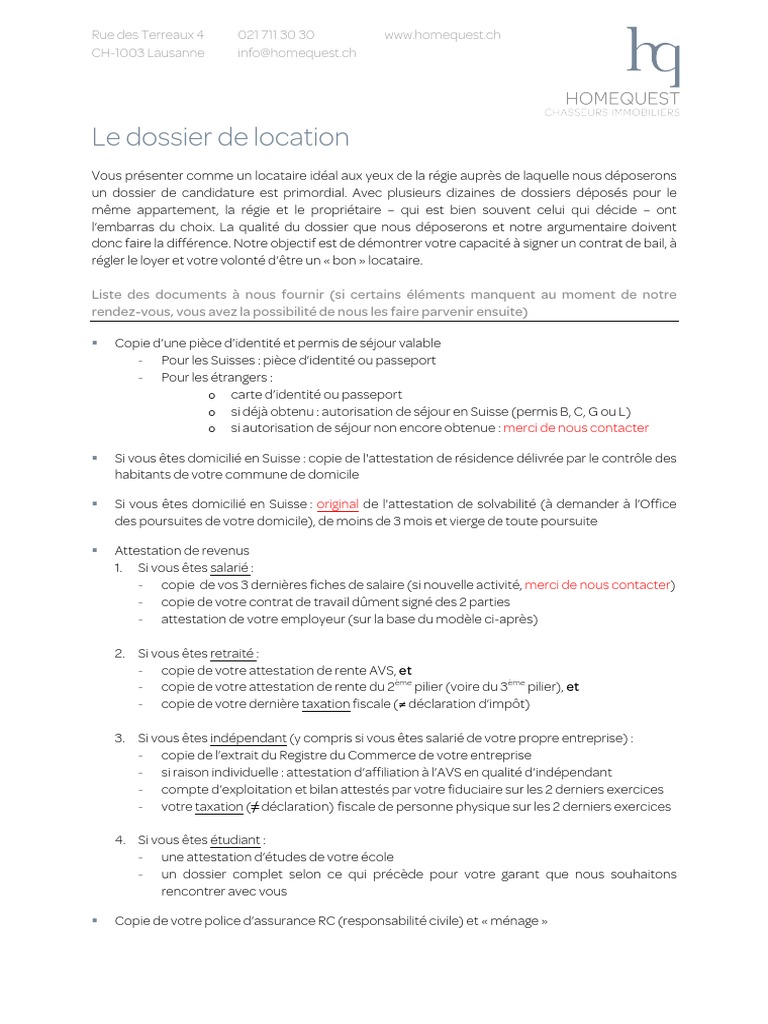 Dossier de location appartement en Suisse | PDF | Assurance | Passeport