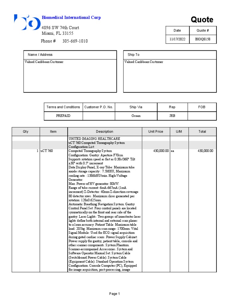 United Imaging uCT 760 Quote Details | PDF