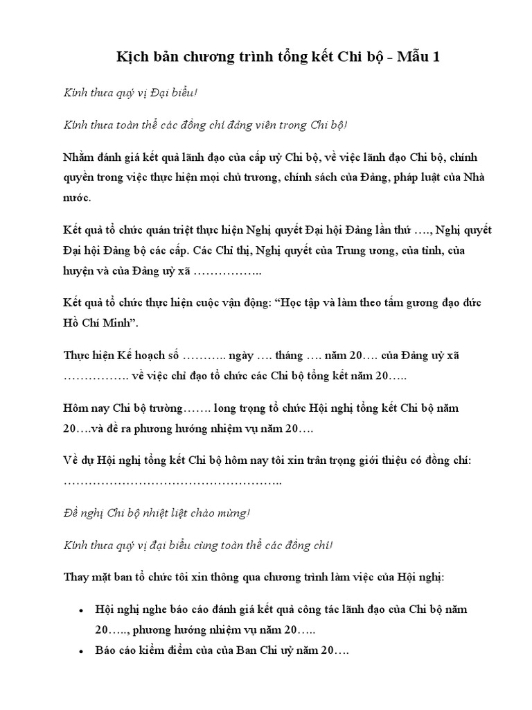 Kich Ban Chuong Trinh Tong Ket Chi Bo | PDF