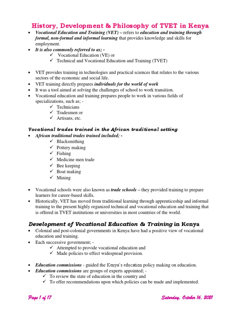 1 - History Development and Philosophy of TVET in Kenya | PDF ...