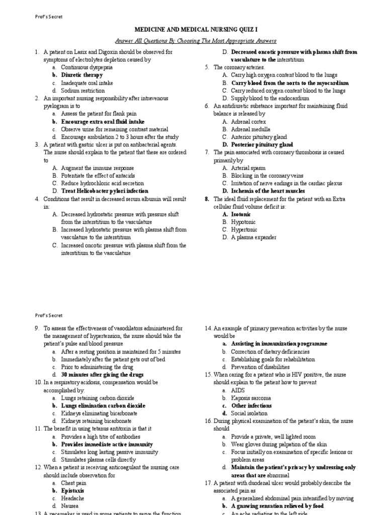 Medicine and Medical Nursing Quiz I | PDF | Coronary Circulation | Heart