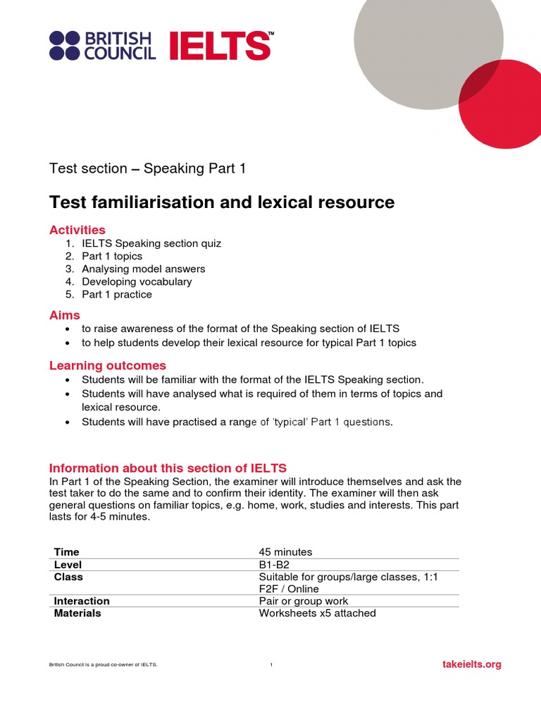 Speaking Part 1 Familiarisation and Lexical Resource | PDF | International English Language ...