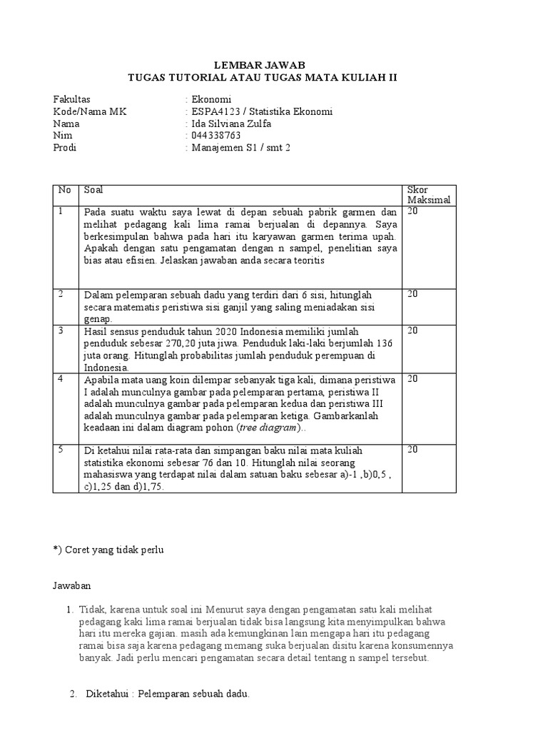 ESPA4123 - Jwaban Statistika Ekm Tgs 2 | PDF