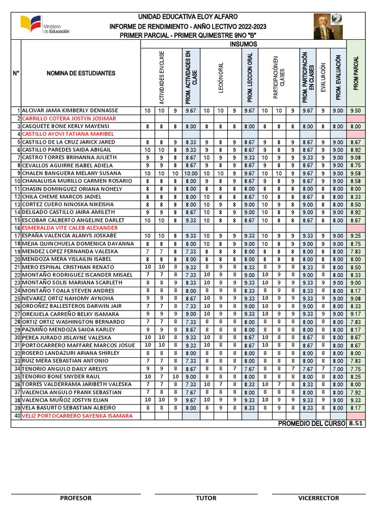 9no B Lengua Matriz-Calificaciones | PDF